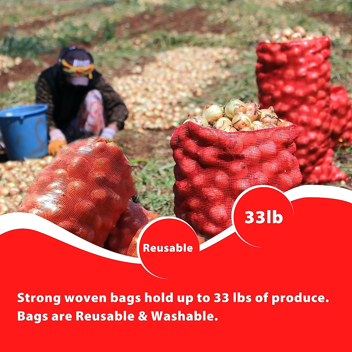 24 Pack 20'' x 14'' Mesh Onion Bags, Reusable Drawstring Fresh Produce Storage Bags for Onions, Vegetables, Potatoes, Citrus, Crawfish Firewood