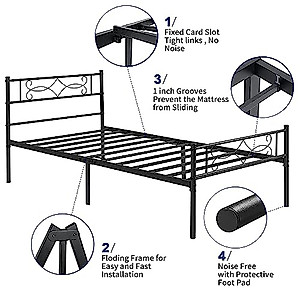 VECELO 14"Metal Platform Bed Frame with Headboard,Premium Steel Slat Support No Box Spring Needed,Noise-Free Anti-Slip,Easy Assembly(Twin size)