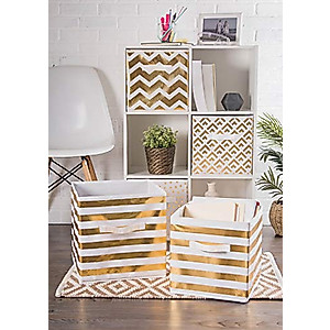 DII Non Woven Polyester Metallic Diamond Storage Bin, Large Set of 2, White / Gold