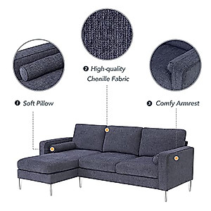 HAUSHECK L-Shaped Convertible Sectional Couch with Reversible Chaise Lounge,Chenille Fabric, Comfortable Cushions, Metal Leg, 2 Pillows Included, Mid-Century Modern Sofa for Living Room, Small Space