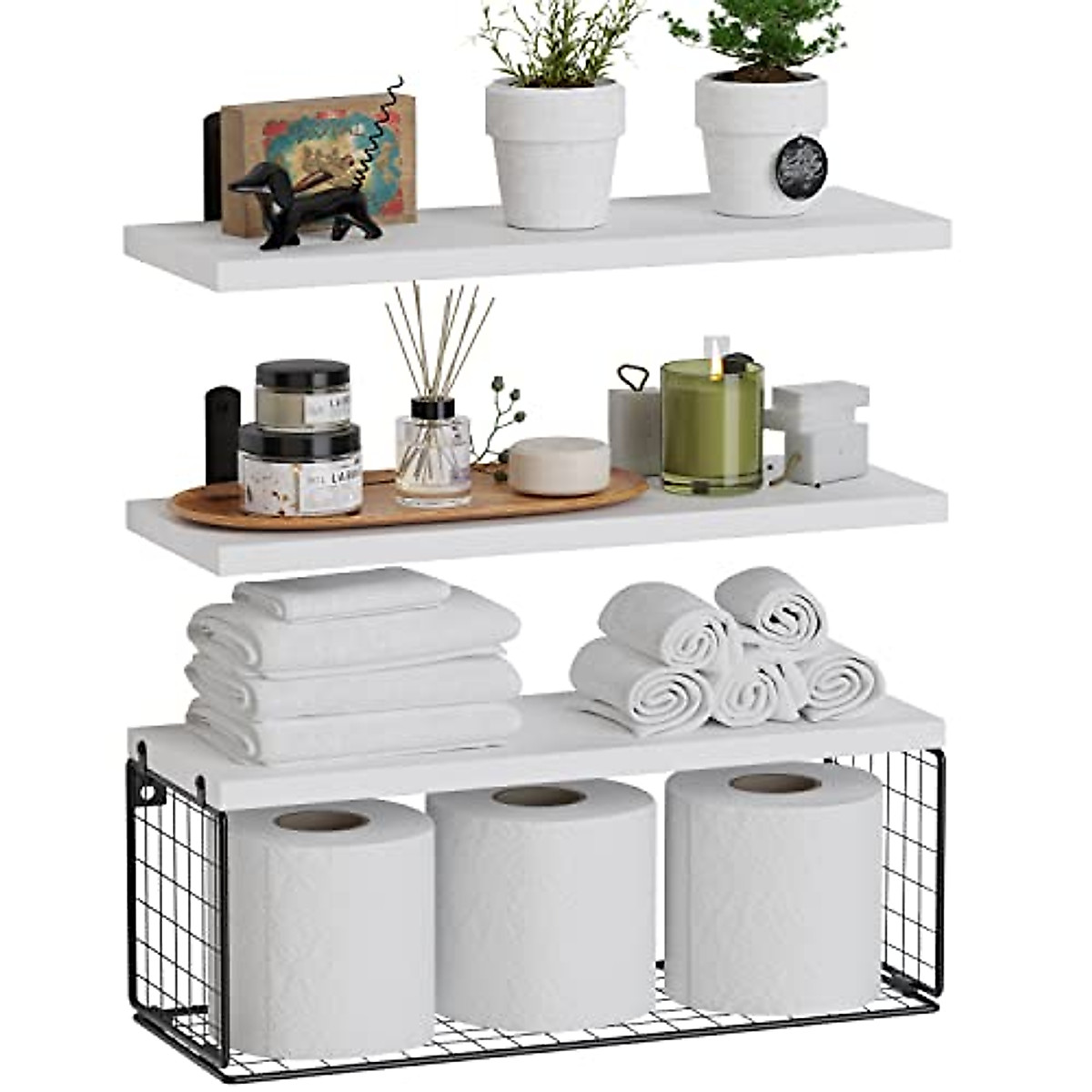WOPITUES Bathroom Shelves Over Toilet, Floating Wall Mounted with Wire Basket, Wood Floating Shelf for Wall Décor, Bathroom Wall Décor Shelves–White