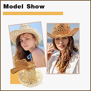 Zuhekti Straw Cowboy Hats for Women Sparkly Western Cowgirl Hat for Holiday Party Foldable Vacation Beach Sun Hat with Wide Brim,Beige