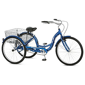 Schwinn Meridian Adult Tricycle Bike, Mens and Womens Three Wheel Beach Cruiser, 26-Inch Wheels, Low Step-Through Frame, Wide Seat, Rear Folding Basket, Single-Speed, Blue