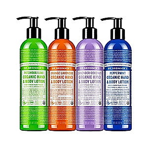 Dr. Bronner's - Organic Lotion (8 oz Variety Pack) Peppermint, Lavender Coconut, Orange Lavender, & Patchouli Lime - Body Lotion & Moisturizer, Certified Organic, Soothing for Hands, Face & Body, Nourishes & Hydrates, Vegan | 4 Count