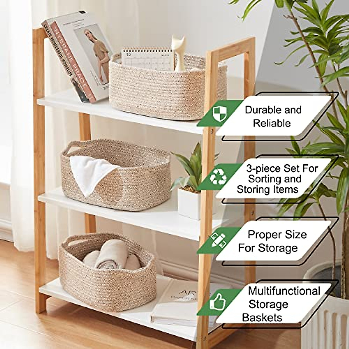 OIAHOMY Cotton Rope Baskets, Woven Baskets for Storage, Nursery Storage Baskets, Rectangle Storage Basket with Handles, Storage Baskets for Shelves, Pack of 3, Brown Variegated