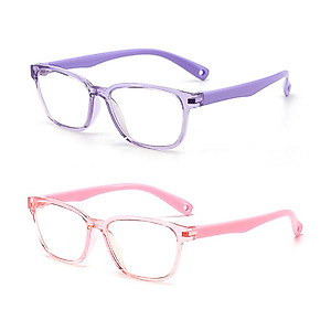 AHXLL Kids Blue Light Blocking Glasses 2 Pack, Anti Eyestrain & UV Protection, Computer Gaming TV Phone Glasses for Boys Girls Age 3-9 (Transparent Purple+ Transparent Pink)