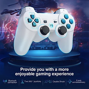 Powerextra Controller Compatible with PS3, Wireless 2 Pack High Performance Gaming Controller with Upgraded Joystick Double Shock for Play-Station 3 (White)