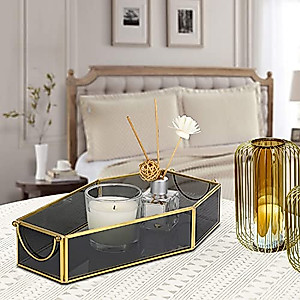 ELLDOO Gold Black Glass Coffin Tray, Gothic Home Decor Jewelry Tray, Coffin Shape Serving Tray, Spooky Decorative Tray Candle Tray with Handle for Halloween