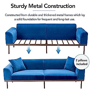 Winwee 3-Seater Sofa Couch with Metal Legs, Velvet Accent Sofa with Comfortable Seat Cushion, Modern Love-seat Sofa Couch with Two Pillows for Living Room and Bedroom (Blue)