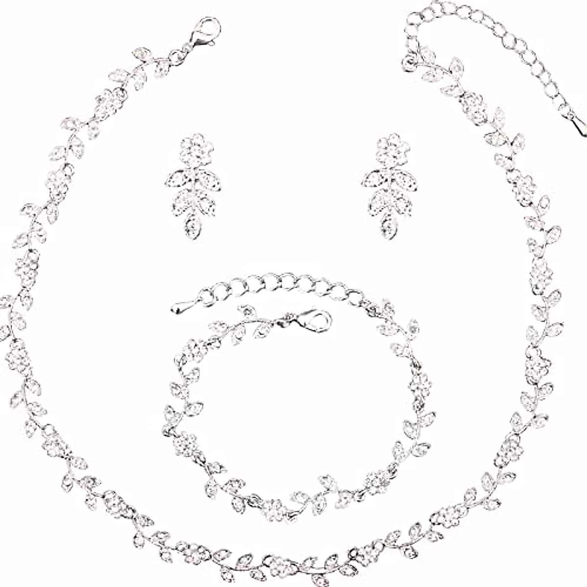 Enrwin Austrian Crystal Rhinestone Choker Necklace Dangle Earring Link Bracelet Jewelry Set for Brides Bridesmaid Prom Costume Accessories for Women (White-Platinum Plated)