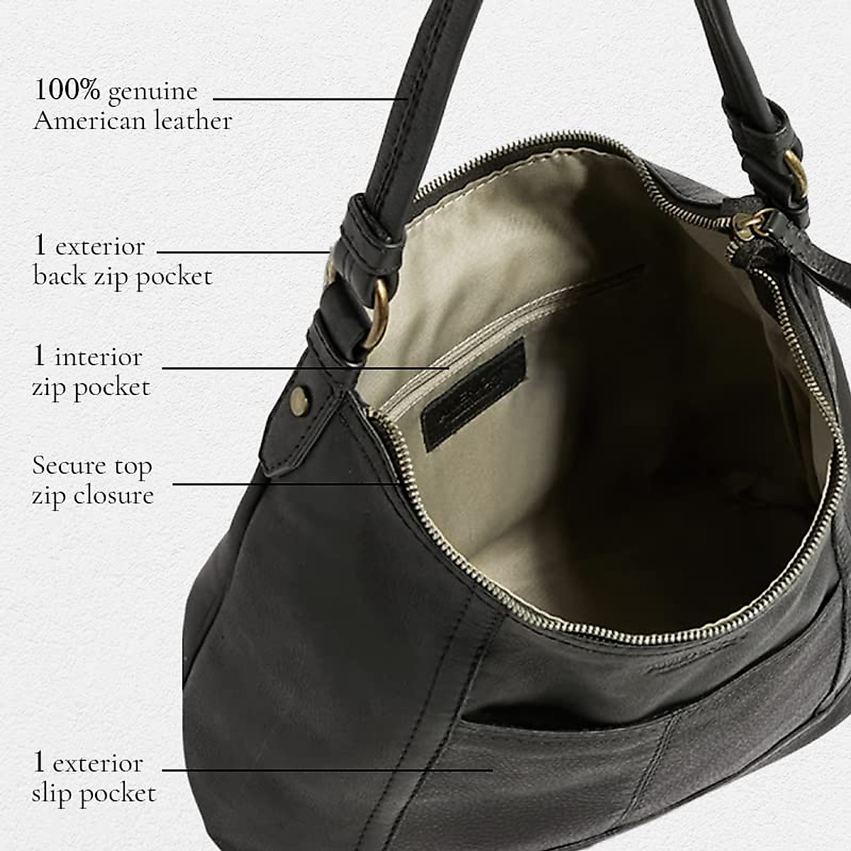 American Leather Co. - Hudson Hobo Handbag - Gorgeous Design and Superbly Fashionable - Black Smooth