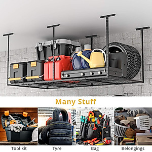 4x8 Heavy Duty Steel Overhead Garage Ceiling Storage Rack, Adjustable Ceiling Mounted Racks, Sturdy Hanging Garage Storage, 650lbs Weight Capacity, 42 in. H x 96 in. W x (22-40 Dropdown), Black