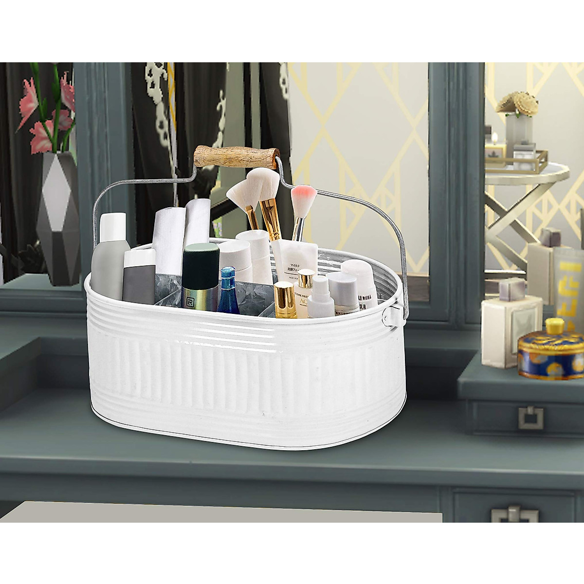 Utensil Caddy, Silverware Caddy Party, Silverware Caddy, Picnic Caddy, Flatware Caddy, Paper Plate Caddy, Galvanized Utensil Caddy, Metal Caddy, Outdoor Utensil Caddy - 13.5 Inches - Salt White/Grey