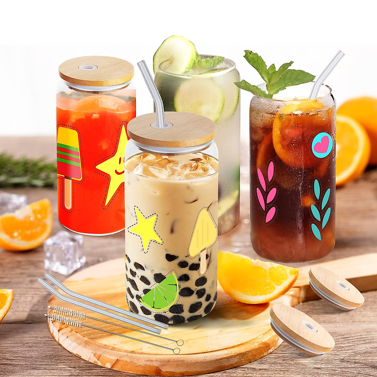 Vozoka Beer Glass Cups with Bamboo Lids and Glass Straw, 6 Set 16 Oz Ice Coffee Glasses, Tumbler Glass Cup, Drinking Glasses Set for Coffee Whiskey Cocktail