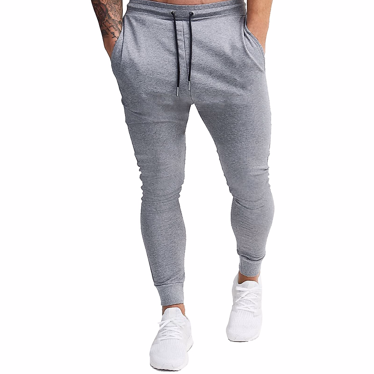 BUXKR Men's Slim Joggers Workout Pants for Gym Running and Bodybuilding Athletic Bottom Sweatpants with Deep Pockets,Dark Grey&Light Grey,M
