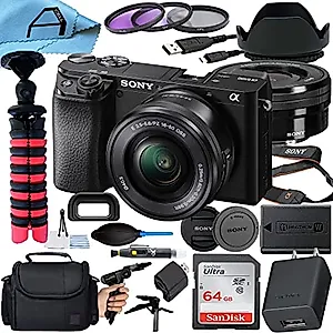 Sony Alpha a6100 Mirroless Digital Camera with E PZ 16-50mm OSS Lens + A-Cell Accessory Bundle Includes: Tripod + 3 Pieces Filter Kit + SanDisk 64GB Memory Card + Much More