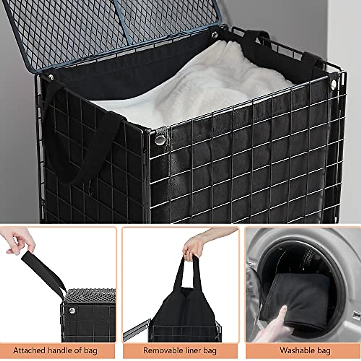 ELYKEN 2 Pack Laundry Hamper with Lid and Wheel, Rolling Metal Wire Frame Dirty Clothes Basket for Small Bathroom, 61L Capacity Liner Bag with Handle, Heavy Duty Steel Cover Bedroom Organizer Black
