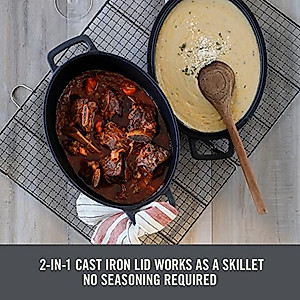 Zakarian by Dash 6 Qt Nonstick Cast Iron Double Dutch Oven, Oval Pot with 2-in-1 Skillet Lid, Black