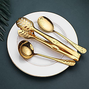 Gold Serving Utensils, OGORI 10-Piece Polished Stainless Steel Gold Serving Utensils Set Include Serving Spoons, Slotted Serving Spoon, Serving Tongs, Serving Fork, Salad Fork, Soup Ladle, Pie Server