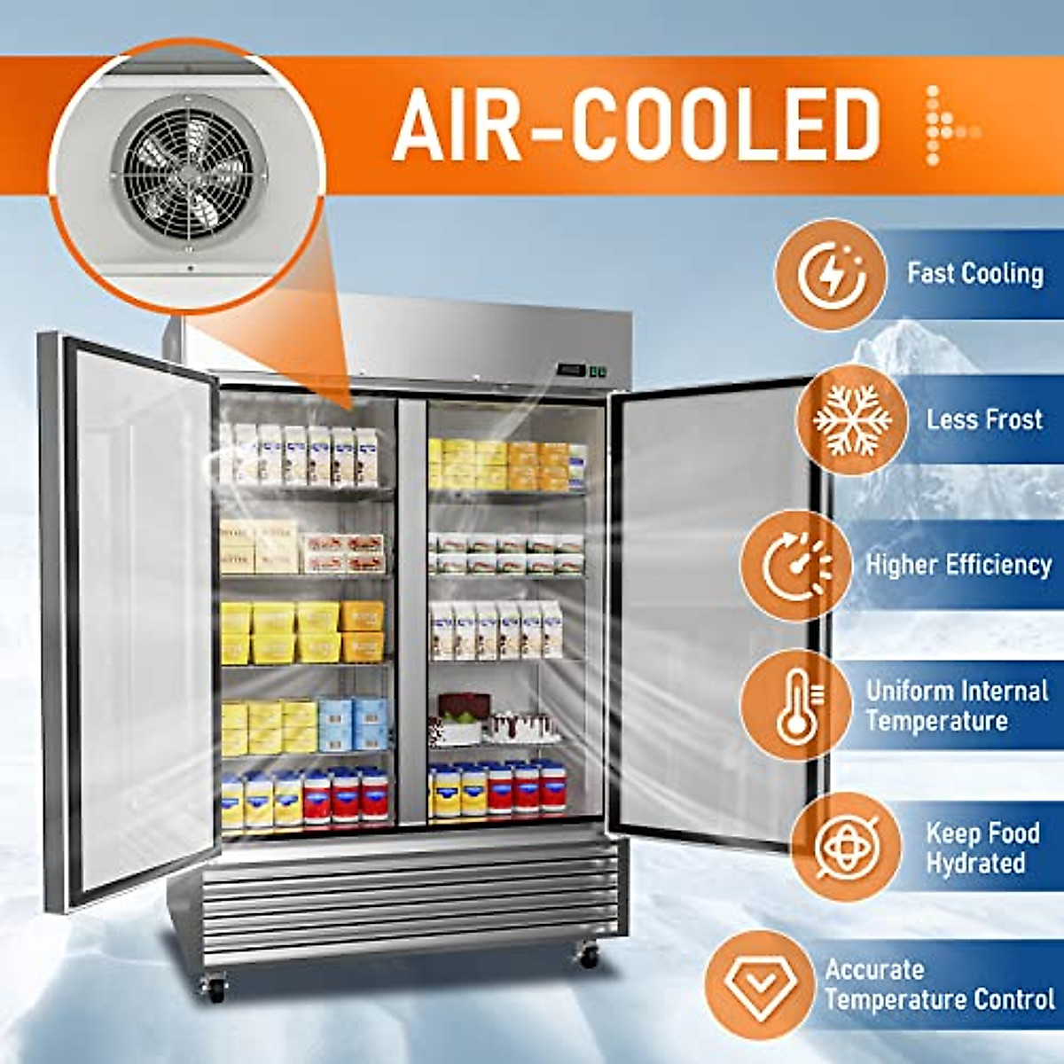 HOCCOT Commercial Refrigerator 54” Two Solid Door Reach-In Cooler, Stainless Steel 2 Sections Air-cooled Refrigerator with Adjustable +33°F~+41°F Temp Range in LCD Display, 49 Cu.Ft for Restaurant
