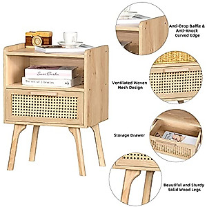 Lerliuo Rattan Nightstand, Boho Side Table with Drawer Open Shelf, Cane Accent Bedside End Table with Solid Wood Legs for Bedroom, Dorm and Small Spaces