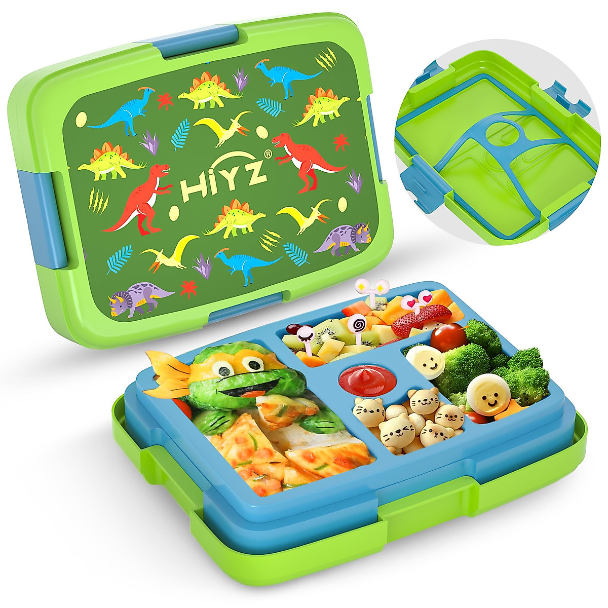 HiYZ Dinosaur Bento Box for Kids, Kids Lunch Box with 5-Compartment, Kids Bento Lunch Box for Ages 3-7, Leak-Proof, Durable, Lunch Box Containers for Kid Back to School Meals, Snack Packing, Travel