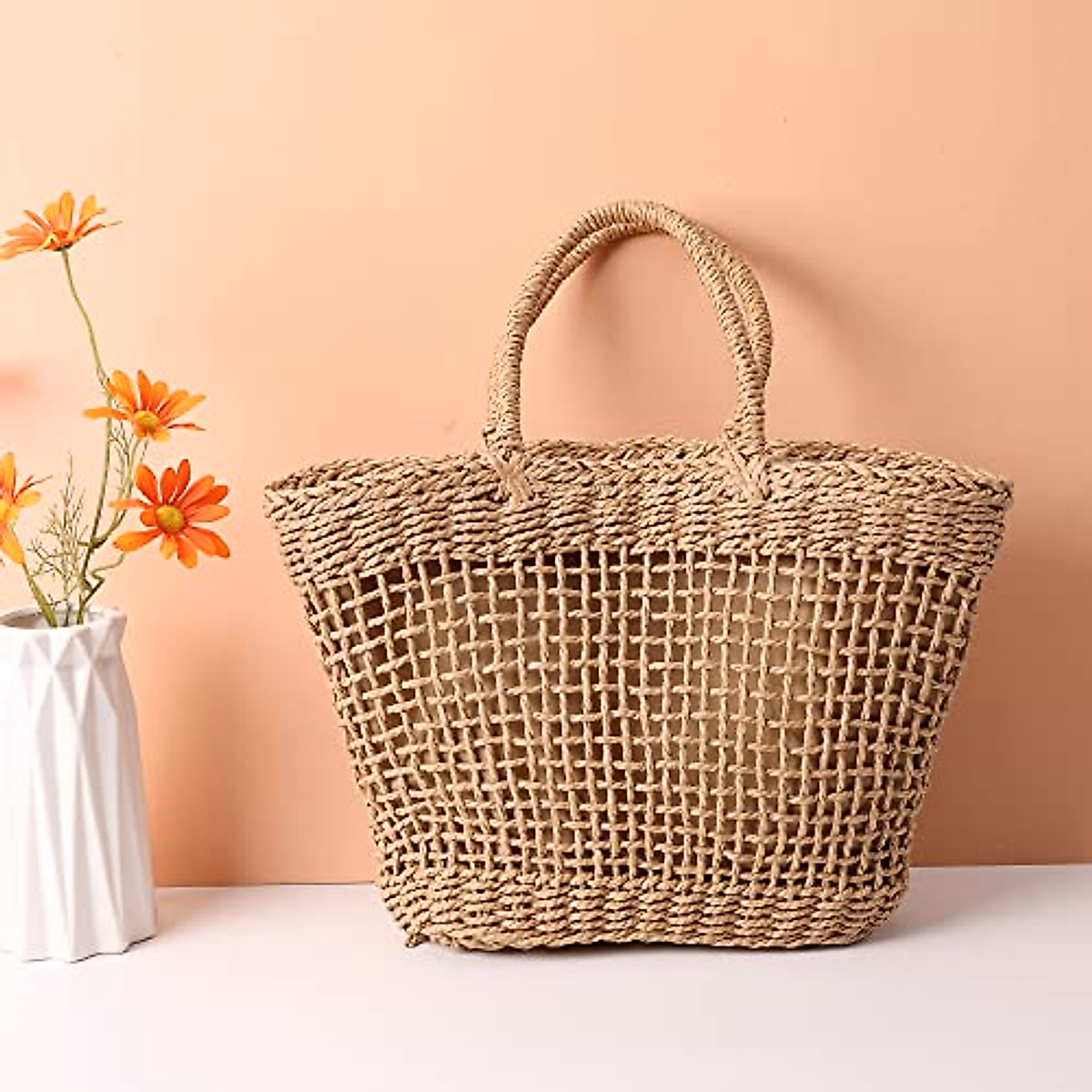 Give yibao Summer Rattan Bag for Women Handmade Woven Mini Straw Totes Bags Retro Shoulder Bag with Inner Pocket Shoulder Bag