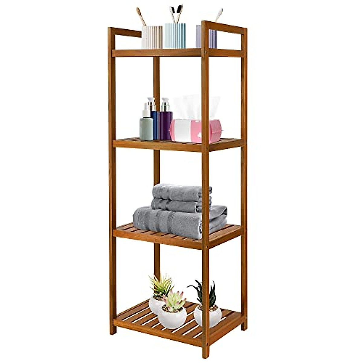 Utoplike Teak Wood Bathroom Shelf Organizer Stand, Standing Shelves Shower Caddy Units, Freestanding 4 Tier Bath Storage for Floor, Kitchen, Office