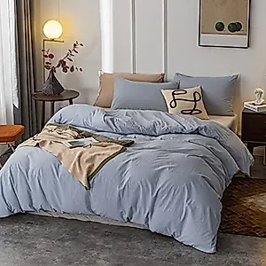 Janlive Washed Cotton Duvet Cover Twin Ultra Soft 100% Cotton Solid Color Light Blue Duvet Cover Set with Zipper Closure -2 Pieces Light Blue Twin