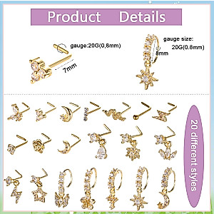 SAMOCO 20Pcs 20G Dangle Nose Ring L Shaped Dangling Stud for Women, CZ Flower Stainless Steel Studs Hoops Nose Piercing Jewelry(Gold)
