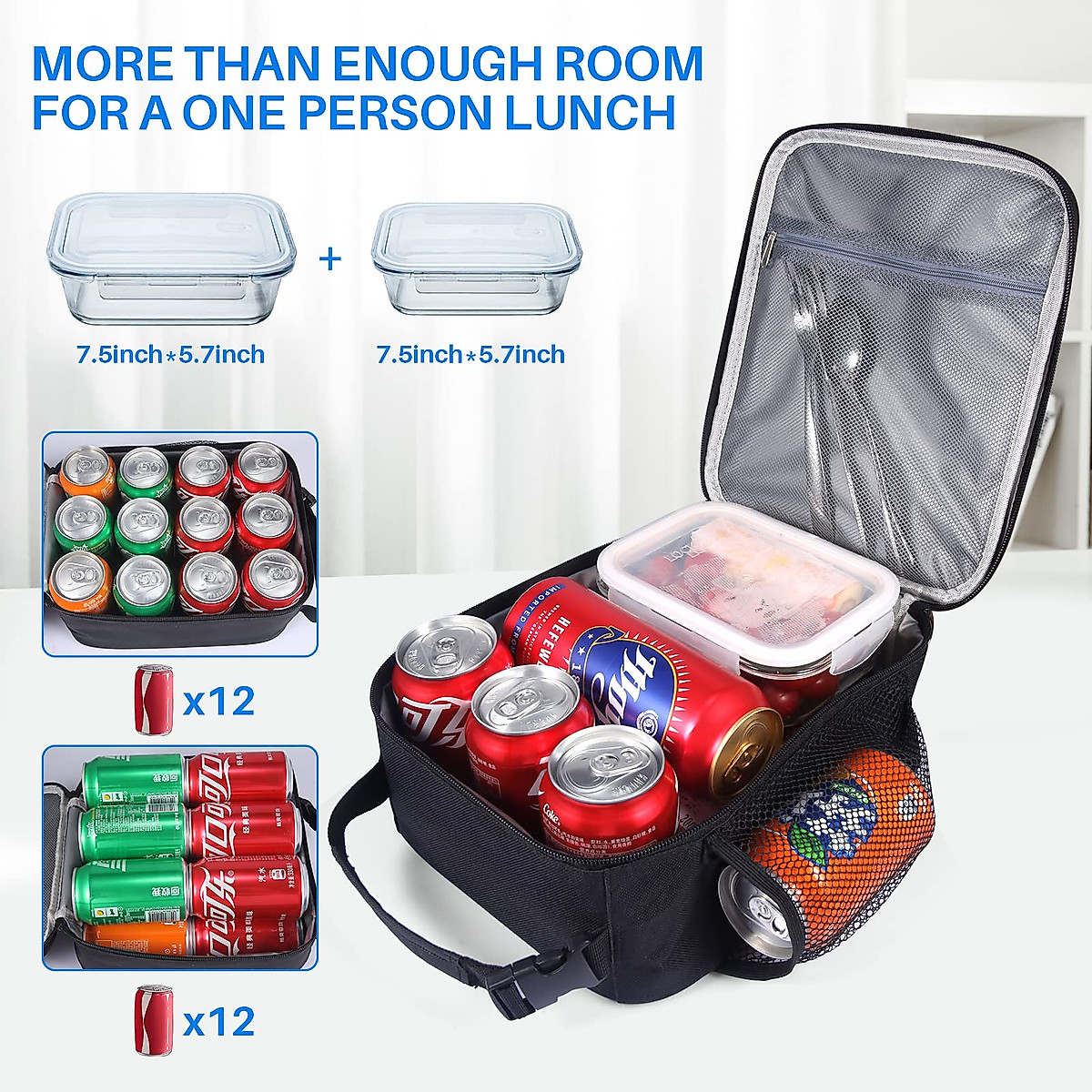 slticase Lunch Box for Men Women Adults, Insulated Lunch Bag for Office Work School Travel Picnic- Reusable Portable Soft Lunch box, School Thermal Meal Tote Bag Set Black