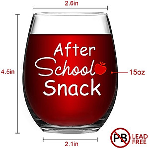 Teacher Gift - After School Snack Stemless Wine Glass 15Oz, Teacher Wine Glass for Preschool, Elementary, High School Teacher, Professor, Gift Idea for Teacher Appreciation Day, Retirement, Christmas
