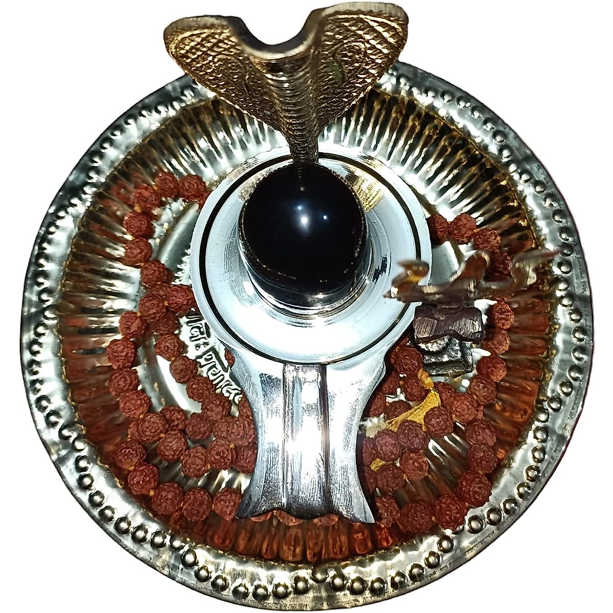 Shaligram Shiva Ling Lingam Shivling Naaga Brass Stand(Thali tirshul 3inch) Shiv Plate Rudraksha mala 108 Stone 6mm