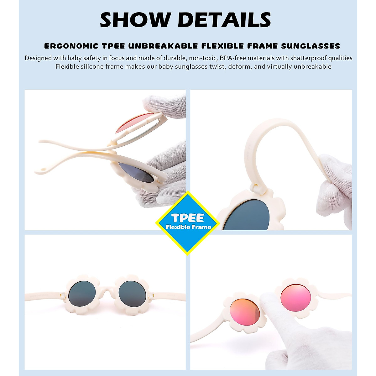 NULOOQ Polarized Baby Sunglasses with Strap – Flexible Flower Shaped Sunglasses for Toddler & Infant Age 0-24 Months (Pink/Pink Mirrored + White/Purple Red Mirrored) - 2 Pack