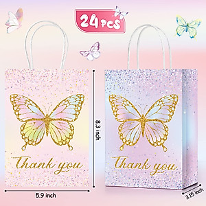 24 Pcs Butterfly Party Favors Gift Bags Goodie Treat Candy Bags Thank You for Fluttering by Paper Bags with Handles for Girls Butterfly Birthday Party Supplies Baby Shower (Glitter Style)