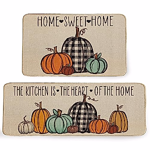 GEEORY Fall Kitchen Mats, Set of 2 Pumpkins Buffalo Plaid Check Floor Mat Farmhouse Party Seasonal Holiday Decorations 17x29 and 17x47 Inch (Black and White) GK067
