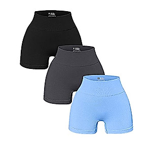 OQQ Women's 3 Piece Yoga Ribbed Seamless Workout High Waist Athletic Legging Shorts, Black Grey Candyblue, Small