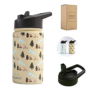 Kids Thermal Bottle with Straw Lid and Loop Cap, 12oz Premium Stainless Steel Water Bottle, Easy to Drink for Toddlers, 2 designs