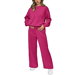 PRETTYGARDEN Women Two Piece Sweatsuits 2024 Long Sleeve Pullover Tops Wide Leg Pants Sets Matching Sweat Outfits (Rose Red,Large)