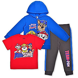 Nickelodeon Paw Patrol Boys T-Shirt, Zip Up Hoodie and Jogger Set for Toddler and Little Kids – Blue/Black/Red
