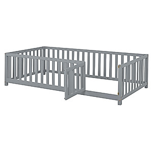 Twin Size Daybed with Fence Guardrails and 2 Drawers, Wood Twin Bed Frame Montessori Bed with Storage for Kids Girls Boys ,Can Split into Independent Floor Bed & Storage Daybed ,Grey
