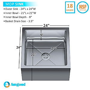 Stainless Steel Floor Mop Sink | 24" x 24" x 13" Sink | 304 Stainless Steel | NSF