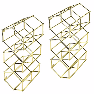 MyGift Modern Brass Plated Metal Wine Bottle Wall Rack, Decorative 3-Bottle Wine Display Holder, Set of 2