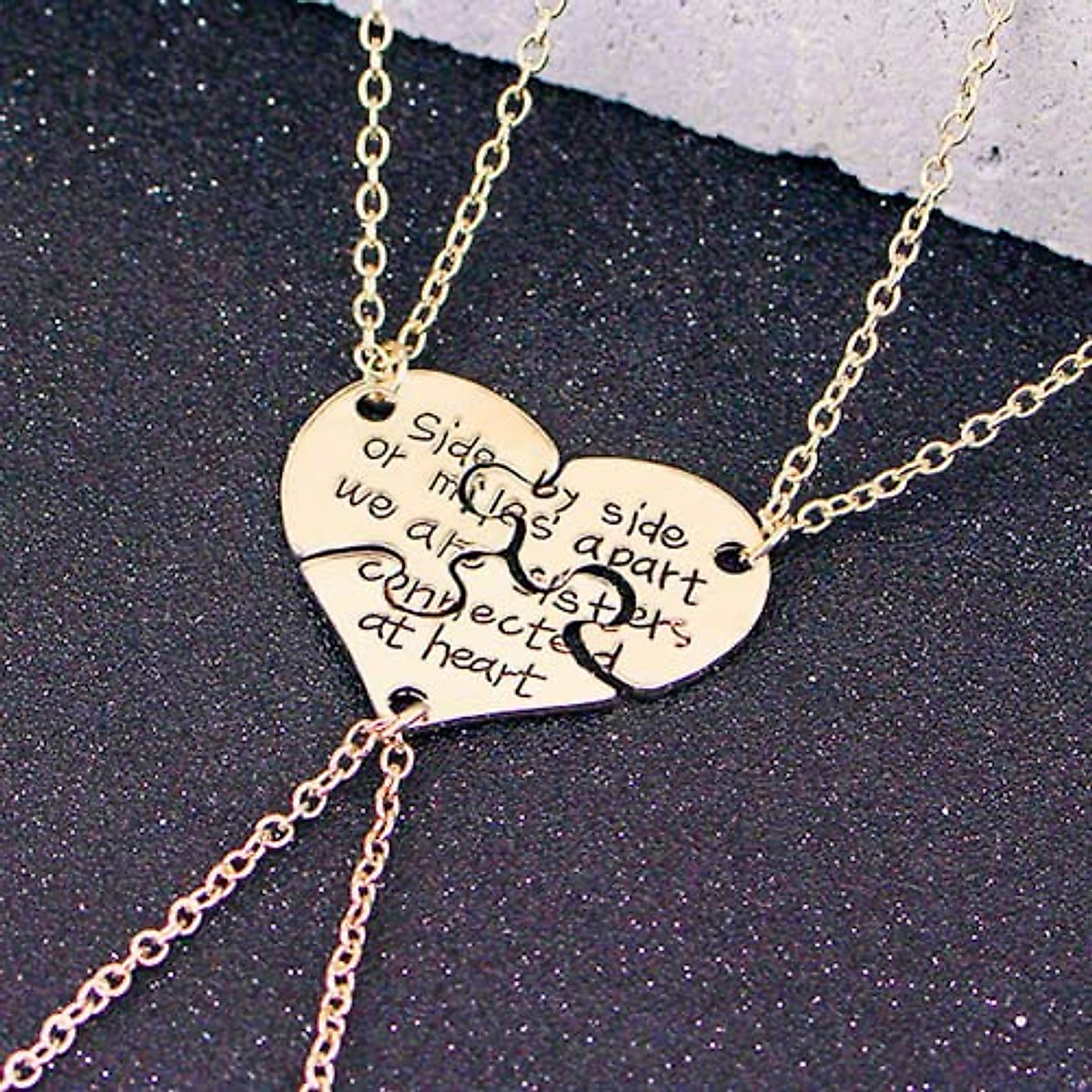 3 Pcs Best Friends Forever Engraved Necklace Broken Heart Charm Pendant Set BFF Friendship Necklace (Gold - " We are sisters connected at heart ")