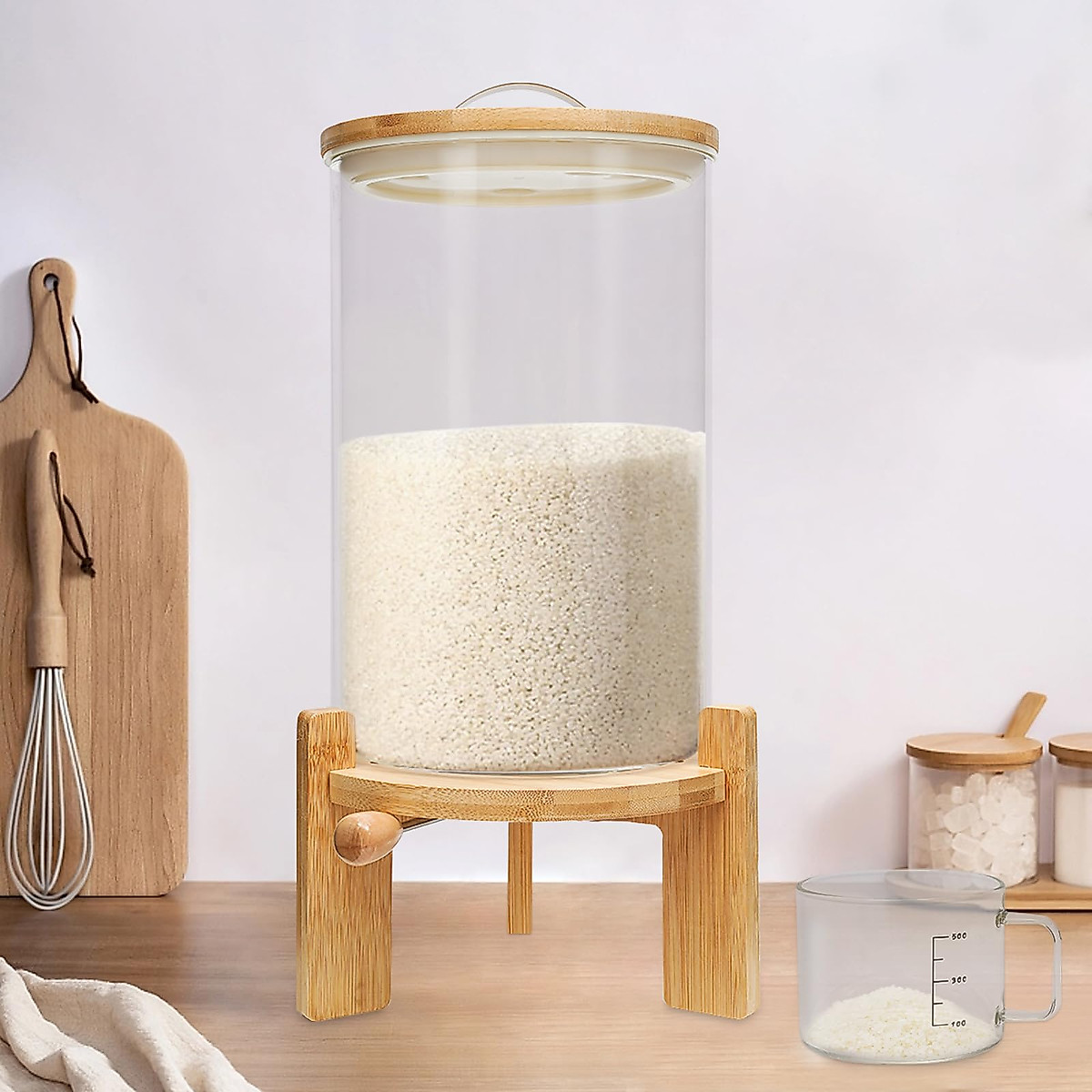 AngelcityCC Flour and Cereal Container, 7.5L Rice Dispenser, Glass Food Storge Container for Kitchen Organization and Pantry Store, with Airtight Lid, Measuring Cup and Wooden Stand