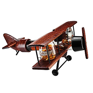 Whiskey & Wine Decanter Airplane Set and Glasses Antique Wood Airplane - The Wine Savant Whiskey Gift Set and 2 Airplane Glasses, Pilot Gift Moving Parts- Alcohol Related Gift, BAR DECOR Large 21"
