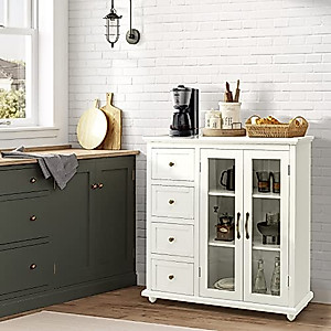 LOKO Buffet Sideboard, Kitchen Storage Cabinet, 2-Door Cupboard with 4 Drawers, Adjustable Shelf & Anti-Tipping Device, Multipurpose Console Cabinet (White)