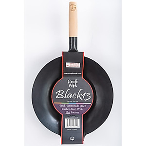 Craft Wok Black13 Flat Pre-Seasoned Hammered Carbon Steel Wok with Wooden and Steel Helper Handle (13 Inch, Flat Bottom)