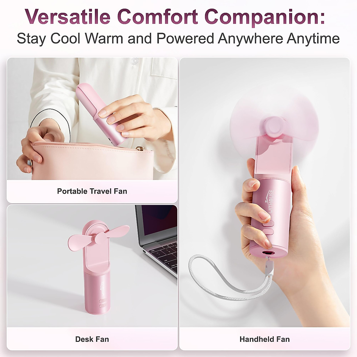 Portable Handheld Mini Fan, 4 in 1 Rechargeable Usb Fan, Small Hand Fan,Personal Desk Fan with Power Bank, Hand Warmer,Flashlight for Travel Camping