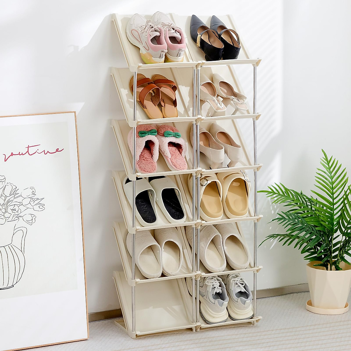 AGTEK 6 Tier Plastic Shoe Shelf Collapsible Shoes Storage,Narrow Stackable Free Standing Shoes Storage,Shoe Racks for Entryway or Bedroom,White